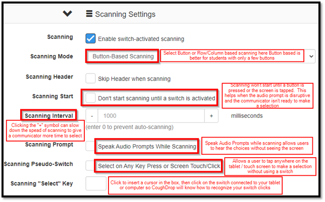 CoughDrop: Switch Scanning Settings – GCA Student & Family Help Center