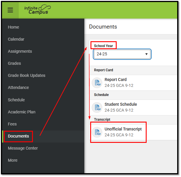 Unofficial Transcript in Infinite Campus – GCA Student & Family Help Center