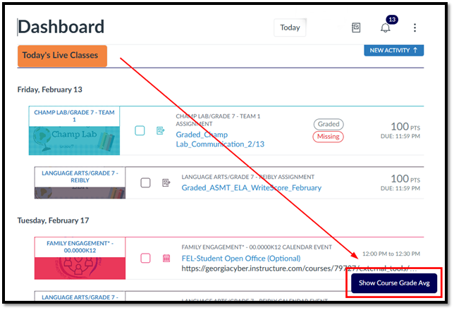 View of Course Grade Avg on Canvas Dashboard – GCA Student & Family ...